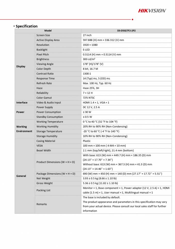 LCD Hikvision DS-D5027F2-2P2( 27 inch/FHD/IPS/100Hz/ Full viền )